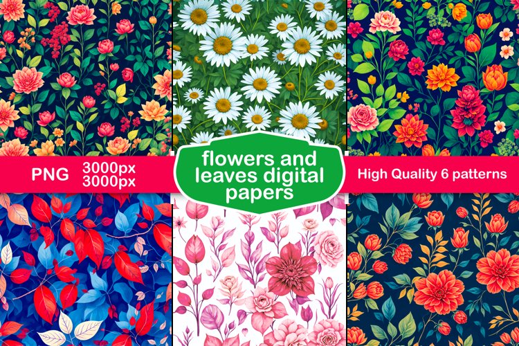 floral leaves digital papers and pattern designs