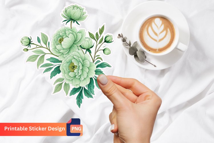 Green Peonies Flower Sticker, Botanical Peonies Sticker