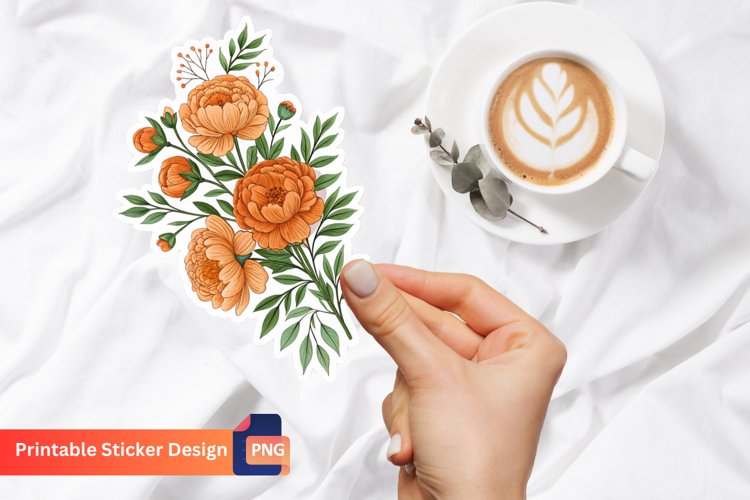 Orange Peony Flower Sticker Pack , Colorful Flower Sticker