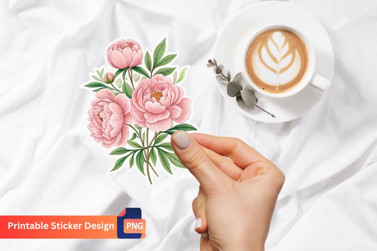 Pink Peony Flower Sticker, Botanical Peony Sticker