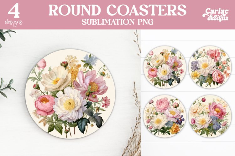 Flowers Coaster Sublimation, Vintage Round Coaster