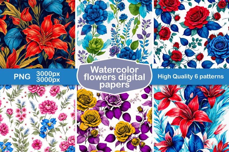 watercolor flowers digital papers, natural flowers patterns