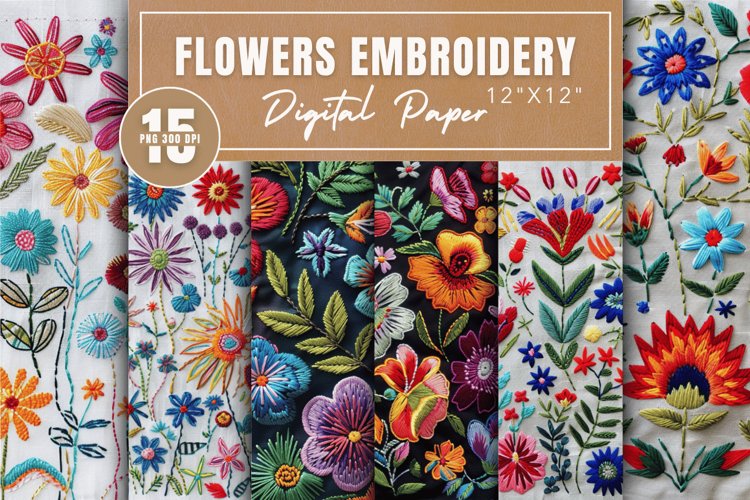 Flowers Embroidery Pattern Digital Paper Bundle