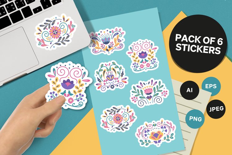 Beautiful Spring Flowers in Folk Art Style, Sticker Bundle