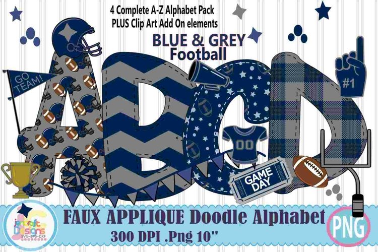 Football Blue Grey Faux Applique Doodle letters
