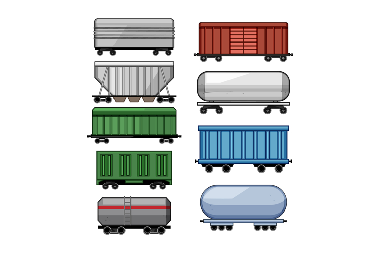 Different freight train wagons transporting various cargo ty
