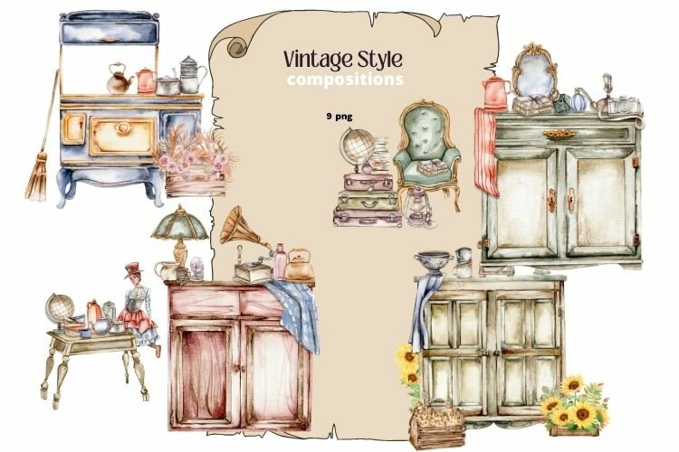 VINTAGE INTERIOR CLIPART, Cute Cupboard with Flower