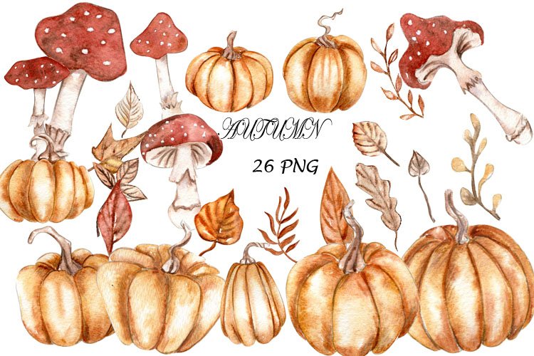 Autumn with mushrooms clipart (1582054) | Clipart | Design Bundles