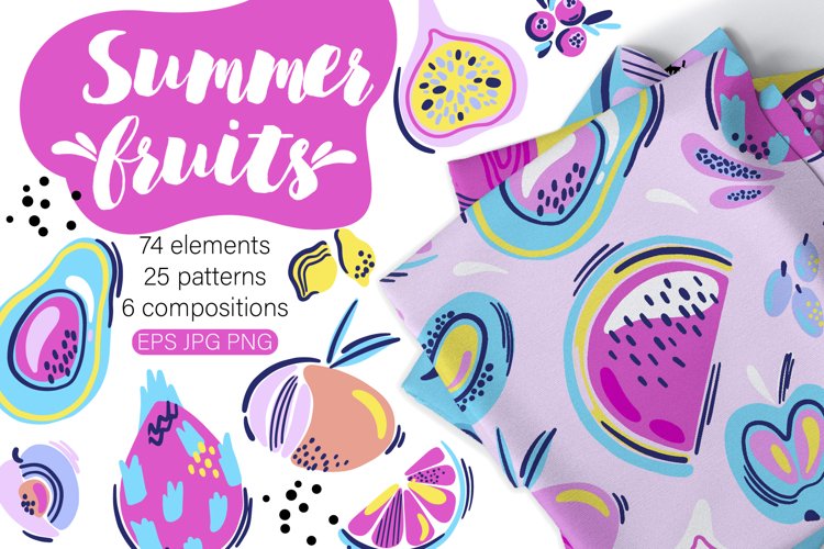 Summer fruits. Pattern, composition and individual elements