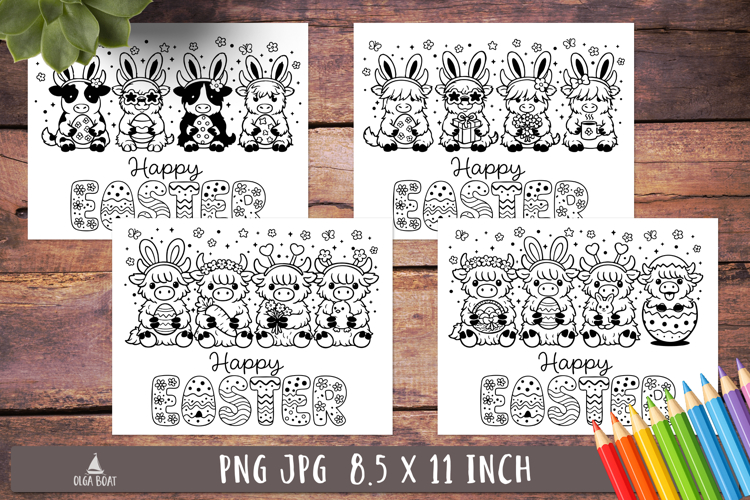 Funny Easter Highland cow Coloring Pages Happy Easter print