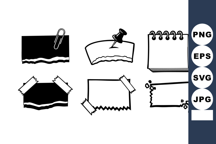 torn paper notes with pins and tape in simple black a