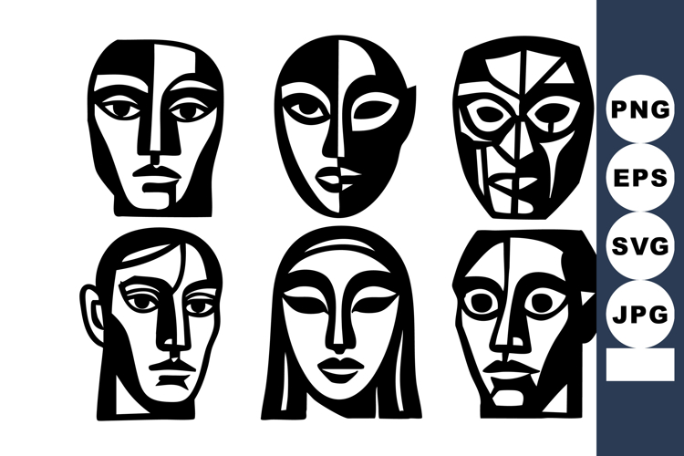 Abstract faces with geometric shapes and bold black and whit