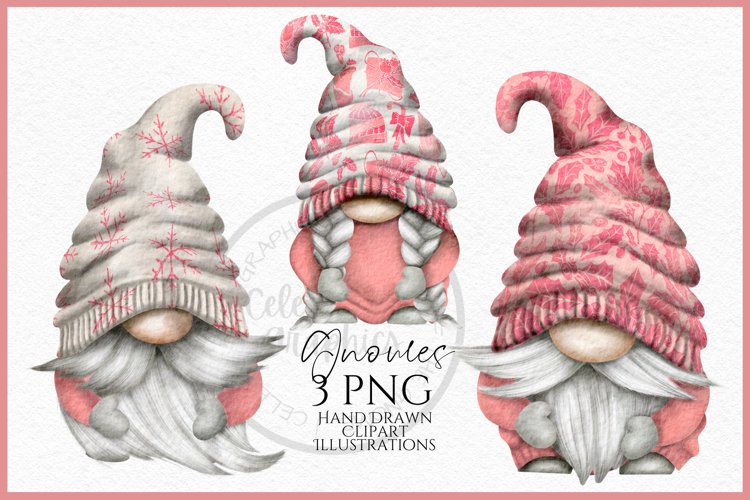 Pink Christmas Gnomes Watercolour Clipart PNG