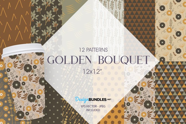 Golden Bouquet Digital Paper, Golden Bouquet Vector Pattern