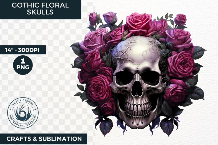 Gothic Floral Skull Clipart, Roses skulls PNG Bundle
