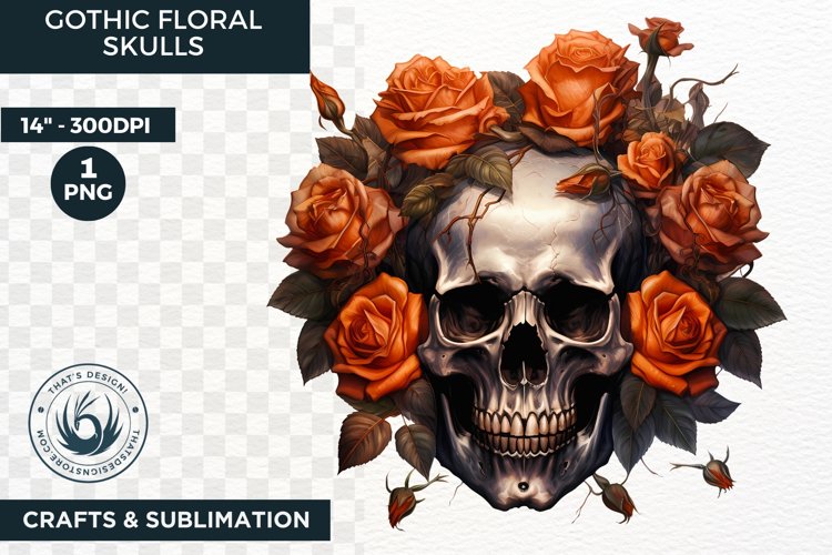 Gothic Floral Skull Clipart, Roses skulls PNG Bundle
