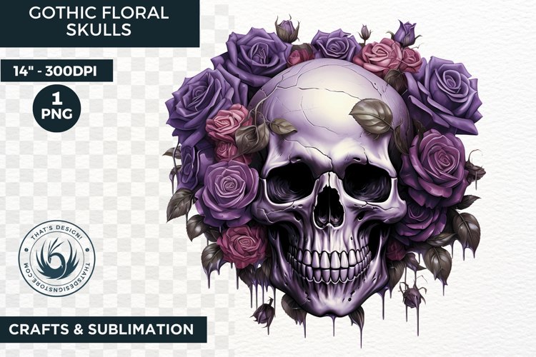 Gothic Floral Skull Clipart, Roses skulls PNG Bundle
