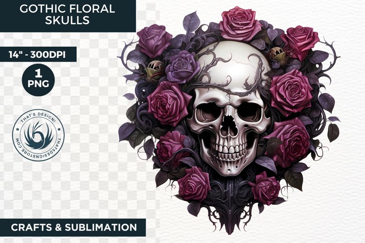 Gothic Floral Skull Clipart, Roses skulls PNG Bundle