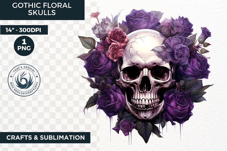 Gothic Floral Skull Clipart, Roses skulls PNG Bundle