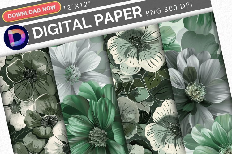 Green & Grey Flowers Digital Paper