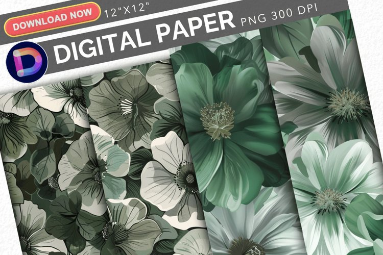 Green & Grey Flowers Digital Paper