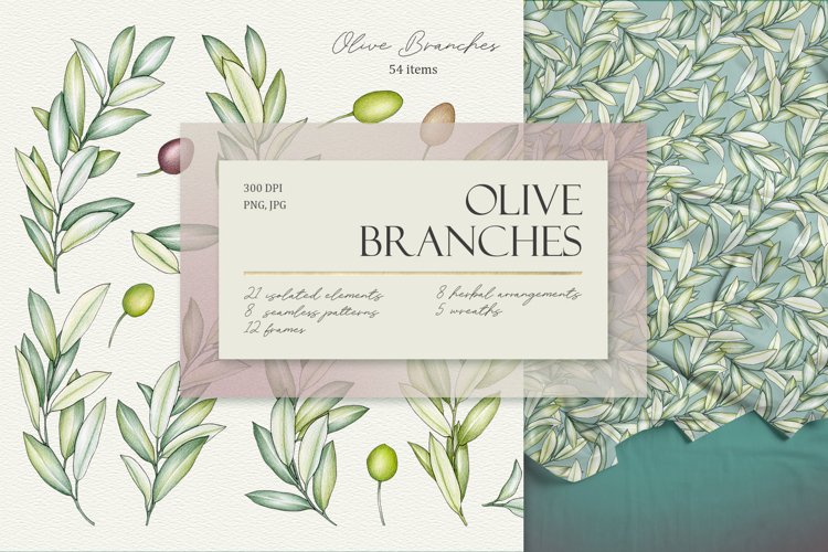 Olive branches elements and patterns. More than 50 items