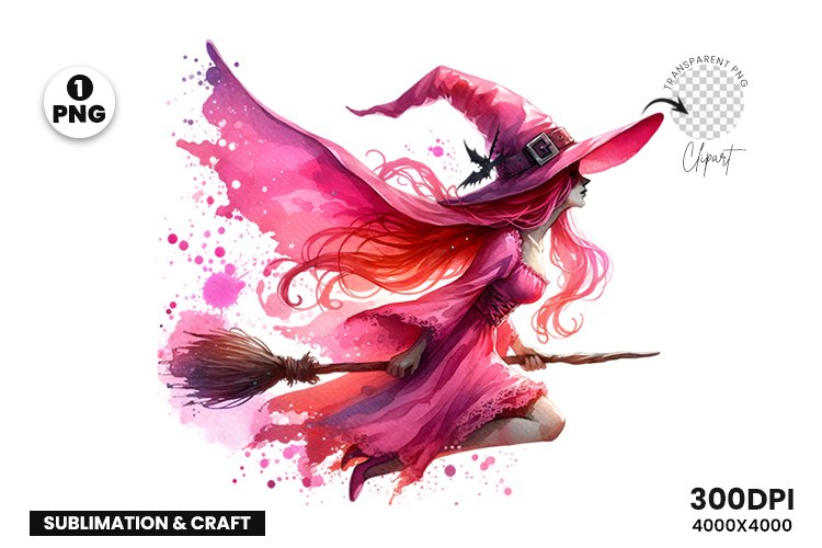 Watercolor Halloween Pink Witch Sublimation Clipart PNG