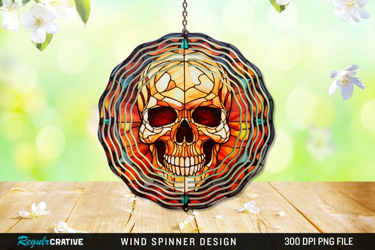 Stained Glass Halloween Skull Wind Spinner Sublimation PNG