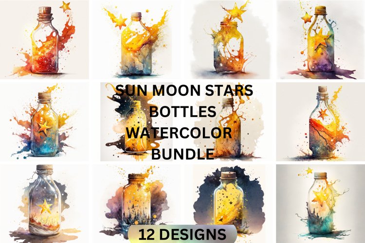 In the Bottle Sun Moon Stars Watercolor Illustrations 12 Var
