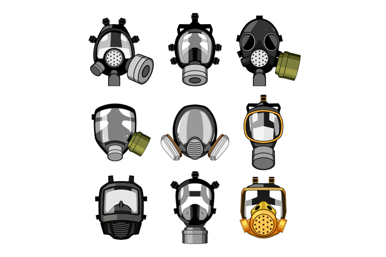 Collection of protective gas masks and respirators illustrat