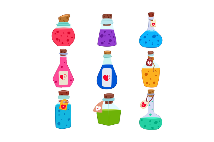 Fantasy health potions set with various magic elixirs