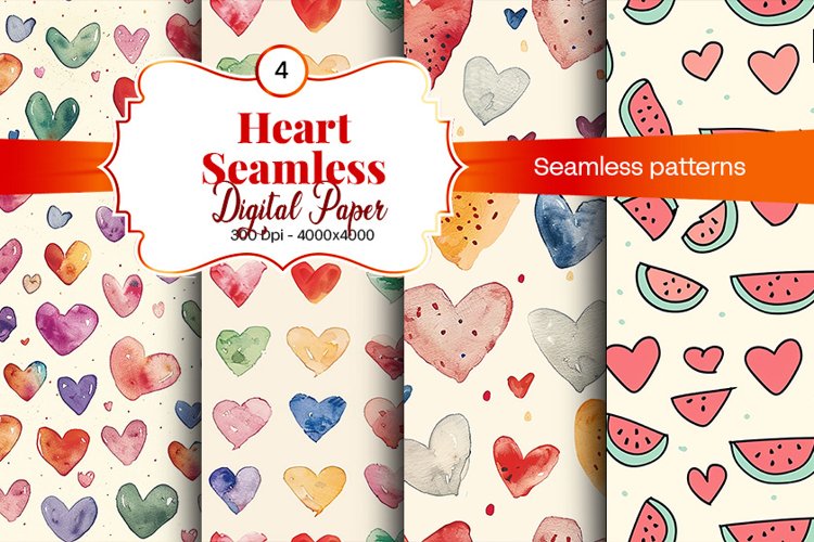 Watercolor Heart Digital Paper | Seamless Digital Pattern