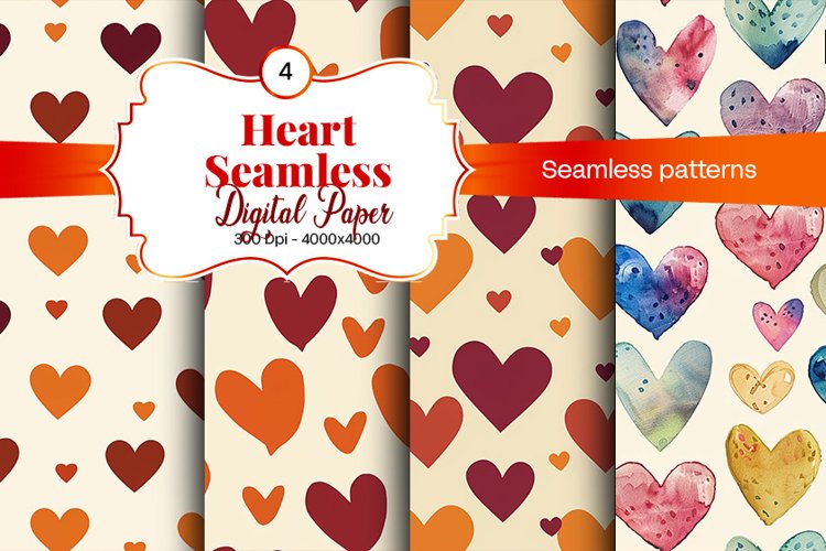 Watercolor Heart Digital Paper | Seamless Digital Pattern