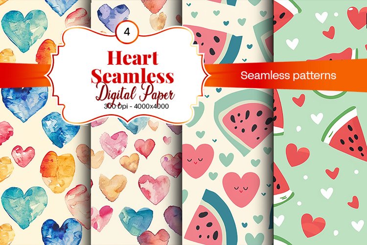 Watercolor Heart Digital Paper | Seamless Digital Pattern