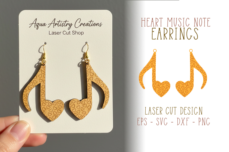 Heart Music Notes Earrings with Pattern Laser Cut Template