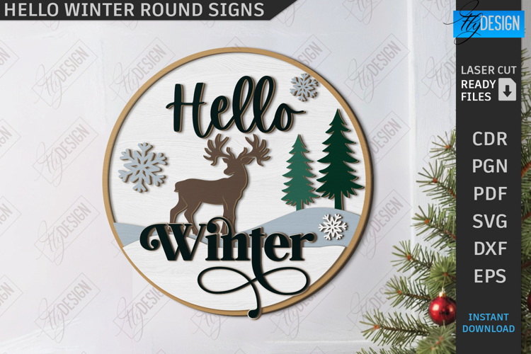Winter Round Sign Laser Cut | Hello Winter SVG | (6031337)