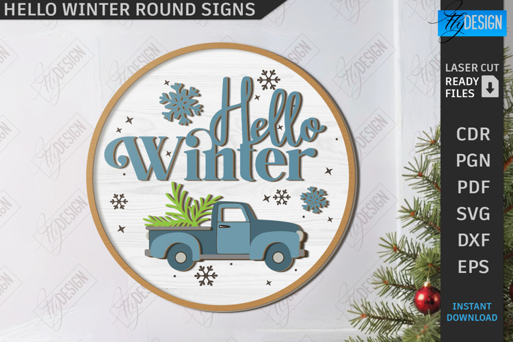 Winter Round Sign Laser Cut | Hello Winter SVG | (6031341)
