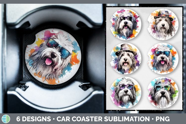 Hipster Sheepdog Dog Car Coaster | Sublimation Coaster Desig