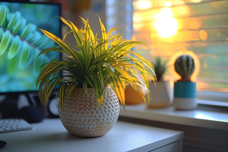 plant vase on the computer table