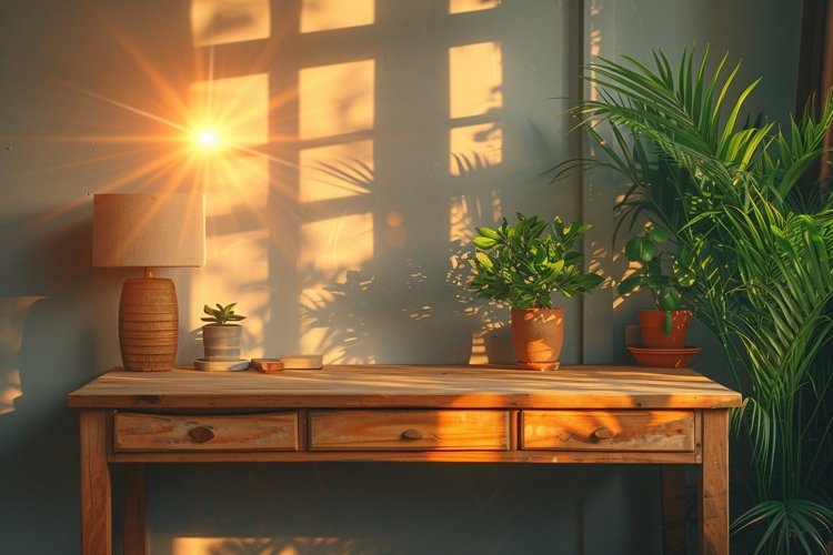 Home Workstation Vase and Desk Sunlight from window