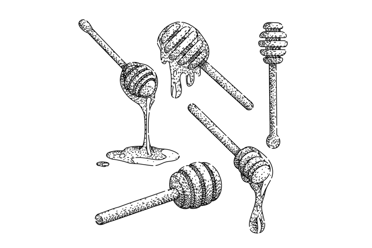 Honey dippers collecting and dripping golden sweet delicious