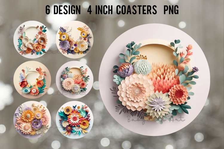 Flower 3D Papercut Round Coaster Sublimation PNG