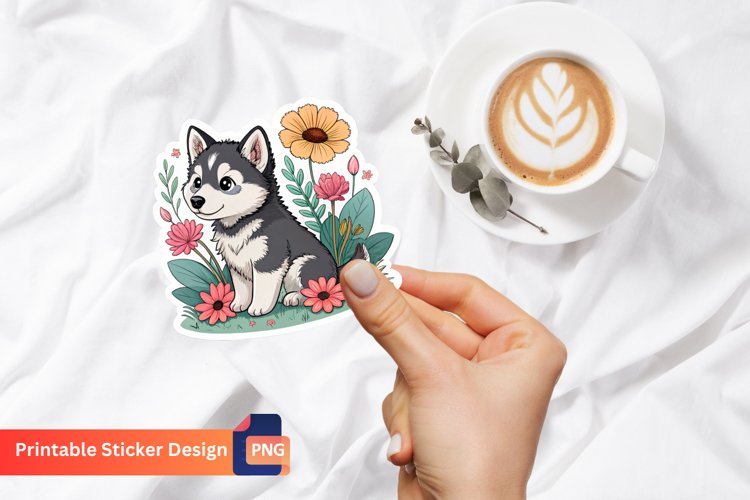 Husky Puppy Flowers Sticker, Floral Husky Sticker