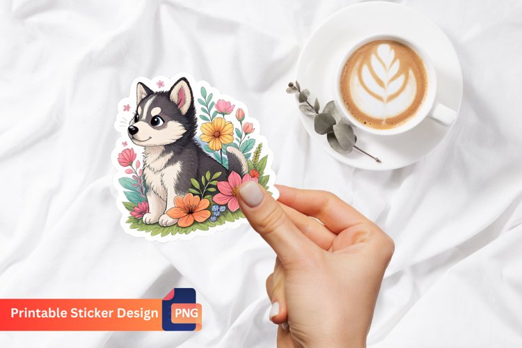 Husky Puppy Flowers Sticker, Floral Husky Sticker