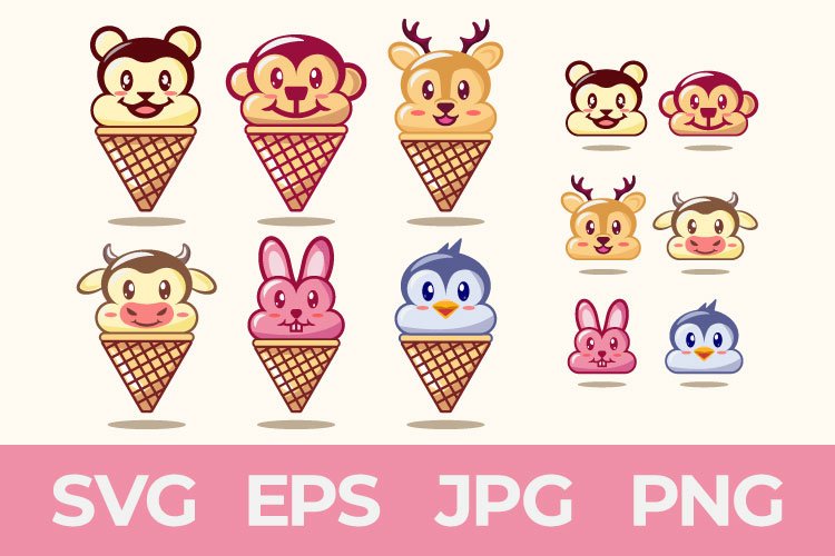 vector Ice cream cone animal head deer panda dog cow penguin