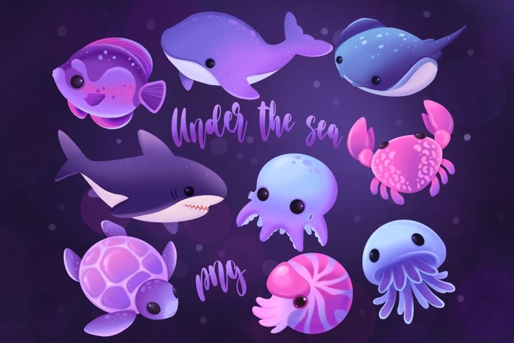 Cute sea animals, ocean, under the sea, fish, kawaii, png