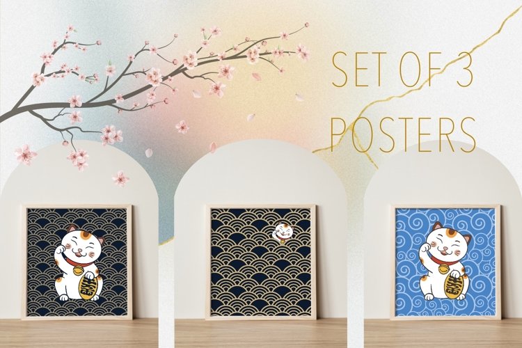 Lucky Japanese calico cat, Maneki Neko 3 Posters Print Set