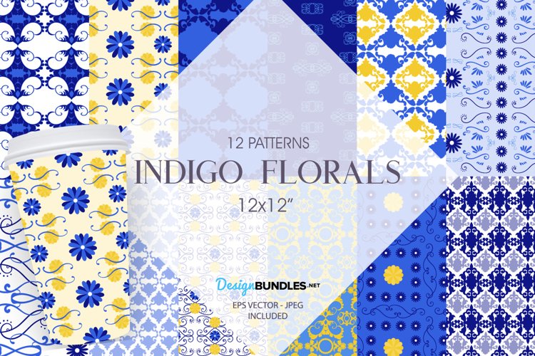 Indigo Florals Digital Paper, Indigo Florals Vector Patterns