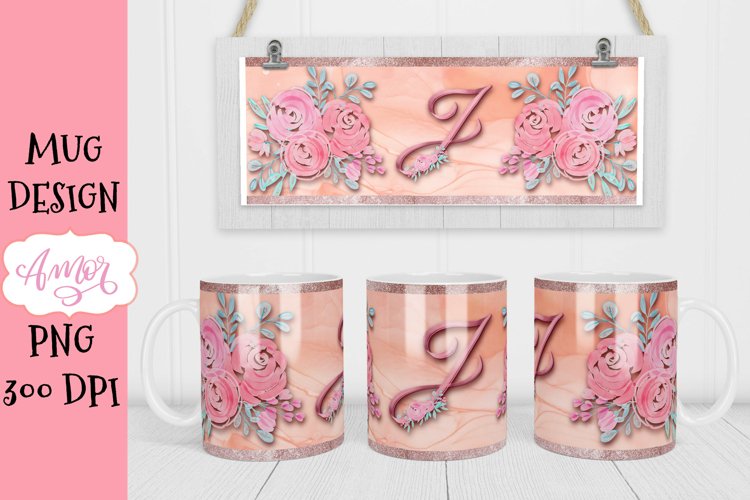 J Monogram mug design for sublimation, letter J mug PNG