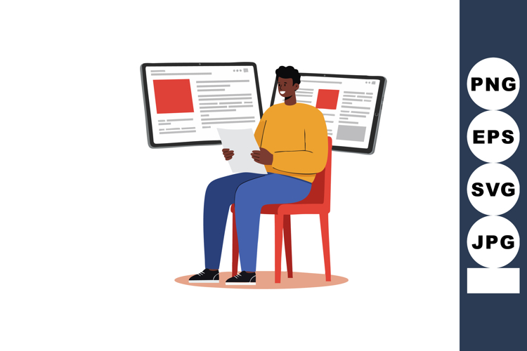 Man sitting on red chair reading documents with digital scre